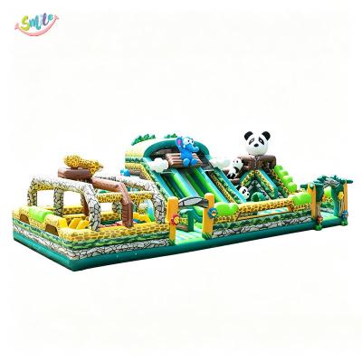 China Commercial Grade Jungle Theme Inflatable Obstacle Course Double Lane Slide Panda Giraffe Bouncer for Party Rental(YKF050) for sale
