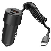 China 2025 LX Dual Ports USB Car Charger with Spring Wire and USB C/Lighting Cable for sale