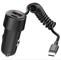 China 2025 LX Dual Ports USB Car Charger with Spring Wire and USB C/Lighting Cable for sale