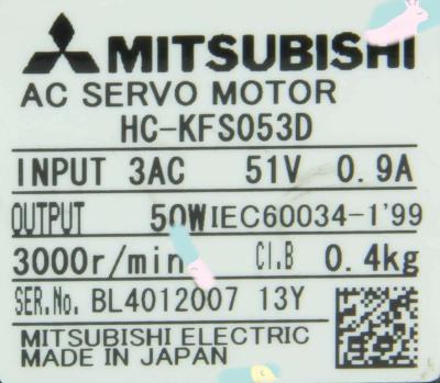 China Mitsubishi HC-KFS053D AC Servo Motor 3AC 51V 0.9A 3000R/MIN NEW for sale