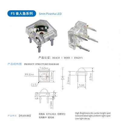 China 5mm piranha LED, F5 piranha diode, through-hole piranha LED, red piranha LED, yellow piranha led, high brightness piranha led，0.04W piranha led, 0.5W piranha led, 30 degree piranha led. for sale
