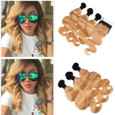China Ombre Blonde 1B 27 Peruvian Hair Body Wave 3 Bundles With Closure Ombre Human Hair Bundles With Closure Remy Hair for sale
