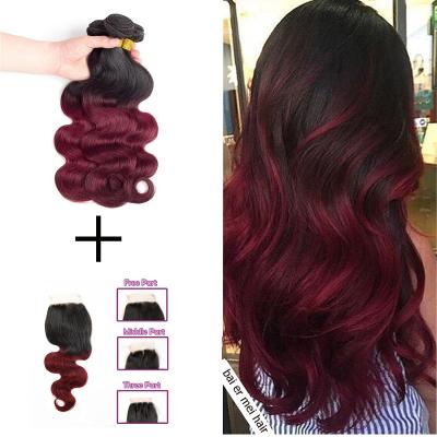 China Pre-colored Ombre Hair Weave 3 Bundles with Closure 4x4 1b/99j Ombre Brazilian Body Wave Human Hair Bundles with Closure for sale