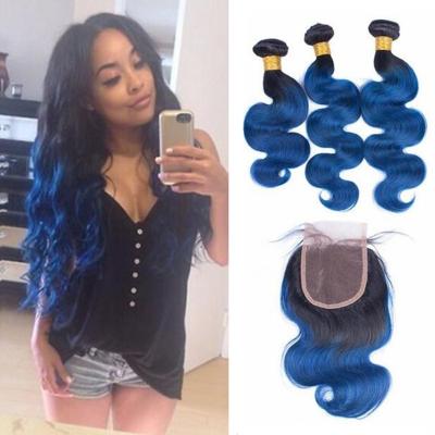 China Pre-Colored Brazilian Body Wave Human Hair Bundles With Closure Ombre Color 1B/Blue Remy Hair 3 Bundles With Closure for sale