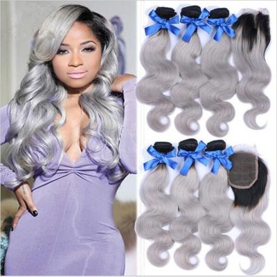 China Ombre 1b/Grey Human Hair Bundles with Closure Body Wave 3 Hair Bundles with Closure Remy Hair Extension for sale