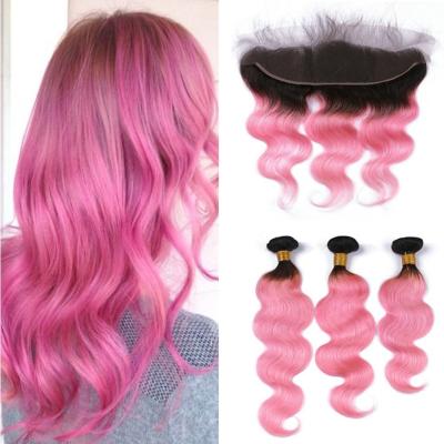 China Brazilian Human Hair Body Wave Hair 1B/Pink Color Bundles With 13*4 Frontal Lace Closure with baby hair for sale