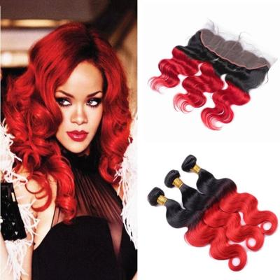 China Pre-Colored Brazilian Human Hair Bundles With 13*4 Closure Human Hair Bundles With baby hair Closure 1B/Red for sale