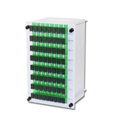 China LGX SC / APC 1x64 PLC Optical Splitter 8 Layers X 8 Green Vertical for sale