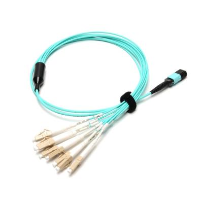 China MPO-LC Fiber Optic Patch Cord 8 Core Aqua Round Bundle OM3 PVC LSZH 3.0mm for sale