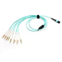 China MPO-LC Fiber Optic Patch Cord 8 Core Aqua Round Bundle OM3 PVC LSZH 3.0mm for sale