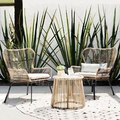 China Modern 3 Pcs 2 Seater Metal Frame Outdoor Leisure Balcony Rattan Wicker Chair and Table Set Comfortable Courtyard Apartment for sale
