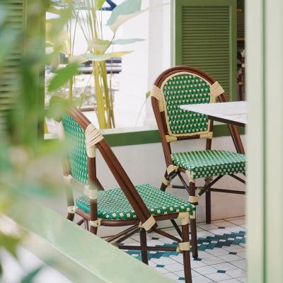 China Outdoor Cafe Milk Tea Shop Rattan Chair Aluminum Alloy PE Woven V Woven French Courtyard Balcony Tables and Chairs for sale