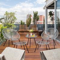 China Balcony Outdoor Furniture Frame Leisure Chair Hotel Villa Bistro Swimming Pool Side Garden Chair and Table Rattan with Metal for sale