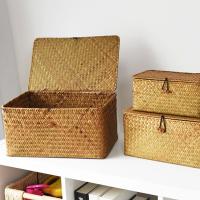 China Handmade Wicker Woven Storage Box Rattan Storage Finishing Basket with Lid Sundry Bath Cosmetic Towel Container Laundry Basket for sale