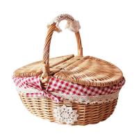 China Woven Basket with Lid and Handle Willow Basket Vintage Storage Basket for Outdoor Camping Picnic for sale