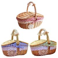 China Woven Basket with Lid and Handle Willow Basket Vintage Storage Basket for Outdoor Camping Picnic for sale