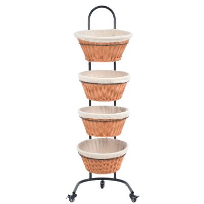 China Supermarket Soft Drink Display Racks Fruit and Vegetable Mobile Four Layers Rack with Rattan Baskets for sale