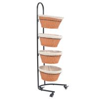 China Supermarket Soft Drink Display Racks Fruit and Vegetable Mobile Four Layers Rack with Rattan Baskets for sale
