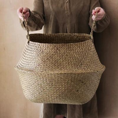 China High Quality Foldable Natural Rattan Plant Hand Woven Seagrass Storage Belly Baskets for sale