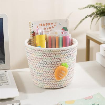 China Cute Cotton Rope Bag Woven Baby Basket Cotton Storage Basket with Rope Rainbow Handle for sale