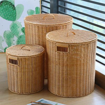 China Handmade Round Rattan Woven Waste Bins Lids Wicker Baskets Laundry Hamper Other Home Clothing Storages & Organization for sale