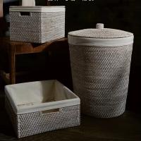 China Wholesale Handmade Round Rattan Woven Waste Bins Lids Wicker Baskets Laundry Hamper Other Home Clothing Storages & Organization for sale