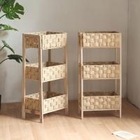 China Solid Wood Non-folding Multi-layer Floor-standing Hand-woven Storage Rack for Living Room Books Sundries & Snacks Organizer for sale