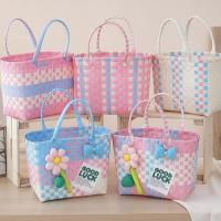 China Colorful Plastic Woven Kindergarten Kids' Shopping Basket Handbag Outdoor Camping Tote Bag Cartoon Design Medium Size for sale