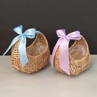 China Handwoven Picnic Fruit Basket With Ribbon Half Moon Rattan Storage Basket With Handle For Party Wedding Decor Flowers Container for sale