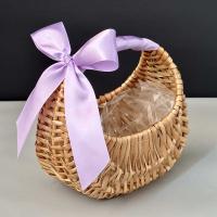 China Handwoven Picnic Fruit Basket With Ribbon Half Moon Rattan Storage Basket With Handle For Party Wedding Decor Flowers Container for sale