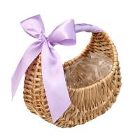 China Handwoven Picnic Fruit Basket With Ribbon Half Moon Rattan Storage Basket With Handle For Party Wedding Decor Flowers Container for sale