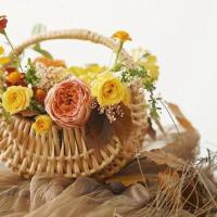 China Handwoven Picnic Fruit Basket Ribbon Rectangle Rattan Storage Basket Handle Party Wedding Decor Flowers Bag Bathroom Tools for sale