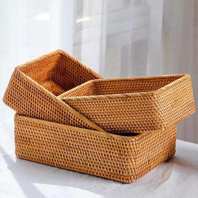 China 3 Sizes Rectangular Rattan Storage Baskets, Handmade Woven Nesting Wicker Baskets for Decor, Fruit Tray and Snack Storage Box for sale