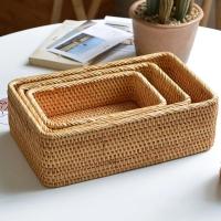 China 3 Sizes Rectangular Rattan Storage Baskets, Handmade Woven Nesting Wicker Baskets for Decor, Fruit Tray and Snack Storage Box for sale