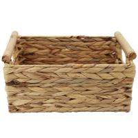China Grass Woven Wood Handle Handmade Straw Woven Desktop Storage Basket Storage Box for sale