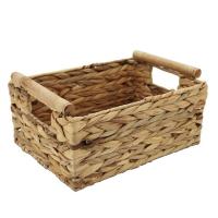 China Grass Woven Wood Handle Handmade Straw Woven Desktop Storage Basket Storage Box for sale
