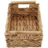 China Grass Woven Wood Handle Handmade Straw Woven Desktop Storage Basket Storage Box for sale