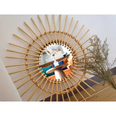 China Vintage Handmade Rattan Bamboo Wicker Wall Hanging Mirror Frame Decor Coastal Design for Bedroom and Living Room for sale