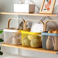China Multiple Colors Multifunctional Mesh Metal Wire Hanging Kitchen Storage Organizer Basket with Bamboo Handle for sale