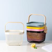 China Multiple Colors Multifunctional Mesh Metal Wire Hanging Kitchen Storage Organizer Basket with Bamboo Handle for sale