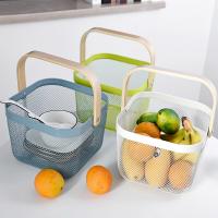 China Multiple Colors Multifunctional Mesh Metal Wire Hanging Kitchen Storage Organizer Basket with Bamboo Handle for sale