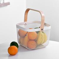 China Multiple Colors Multifunctional Mesh Metal Wire Hanging Kitchen Storage Organizer Basket with Bamboo Handle for sale