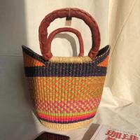 China Wholesale Handmade Decorative Woven Straw Water Hyacinth Seagrass Bolga Wicker Baskets Storage with Handle Handicrafts for sale