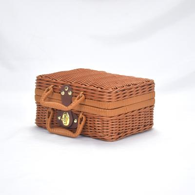 China Hot Woven Small Gift Suitcase Baskets with Handle Rectangle Food Colourful Picnic Plastic Rattan Storage Basket for sale