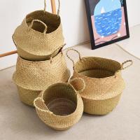 China Low Price Foldable Natural Rattan Plant Hand Woven Seagrass Storage Belly Baskets Straw Woven Wicker Storage Basket for Plants for sale