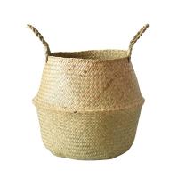 China Low Price Foldable Natural Rattan Plant Hand Woven Seagrass Storage Belly Baskets Straw Woven Wicker Storage Basket for Plants for sale