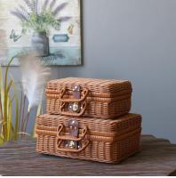China Hot Sale Vintage Weaved Picnic Basket Stackable Soft Rectangular Woven Storage Plastic Rattan Suitcase With Lid for sale