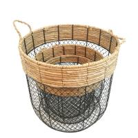 China High Quality Rectangular Cheap Black Metal Wire Storage Basket With Wood Base for sale