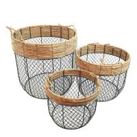 China High Quality Rectangular Cheap Black Metal Wire Storage Basket With Wood Base for sale