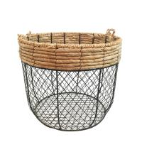China High Quality Rectangular Cheap Black Metal Wire Storage Basket With Wood Base for sale